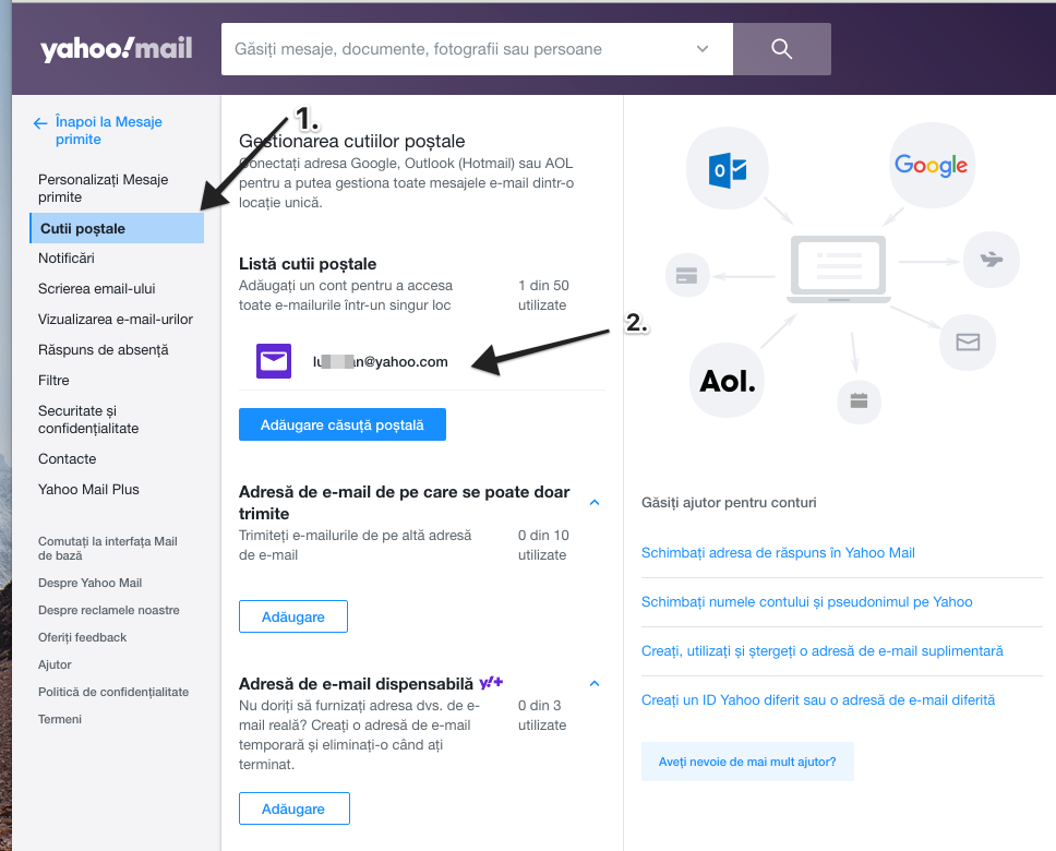 Tab redirectionare setari yahoo
